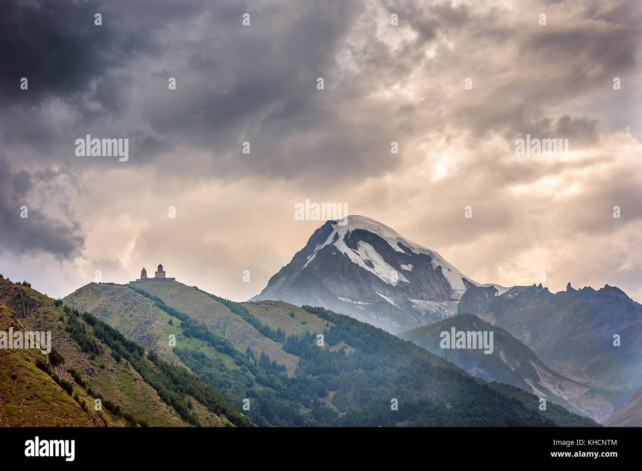 Georgia. The Trinity Church in Gergeti (Gergetis Tsminda Sameba) is ...
