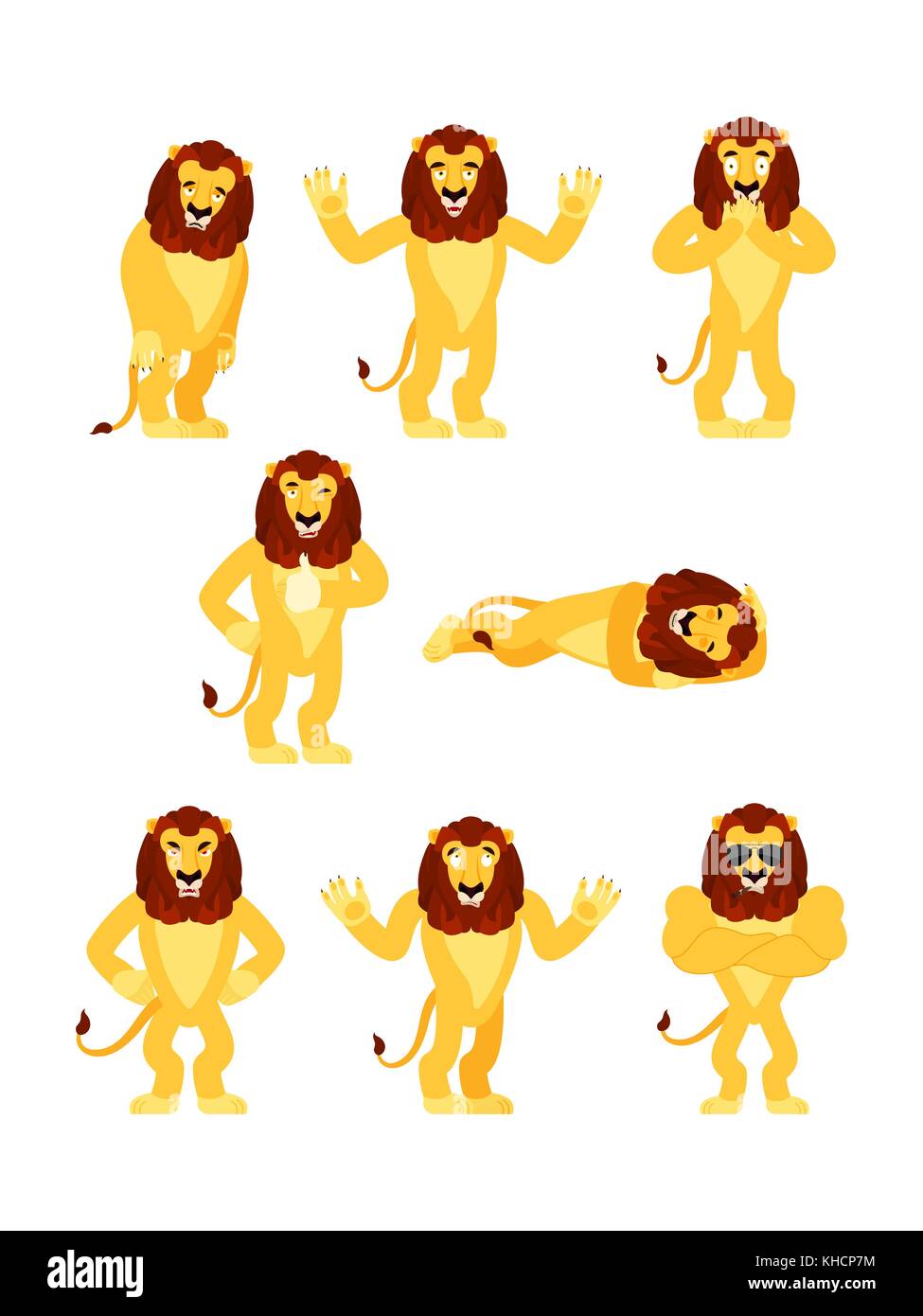 Lion set poses and motion. Wild animal happy and yoga. Beast sleeping ...