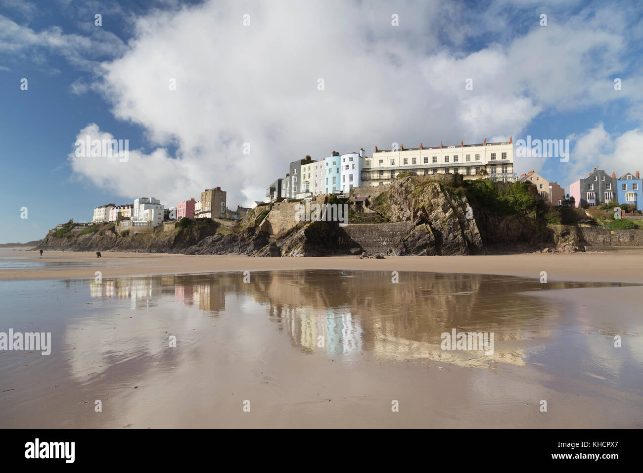 UK, Wales, Tenby, view of Tenby seaside hotels and cliffs from the ...