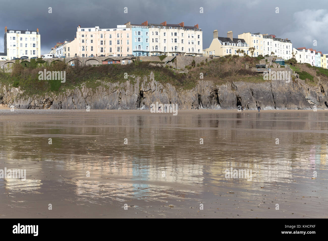 UK, Wales, Tenby, view of Tenby seaside hotels and cliffs from the ...