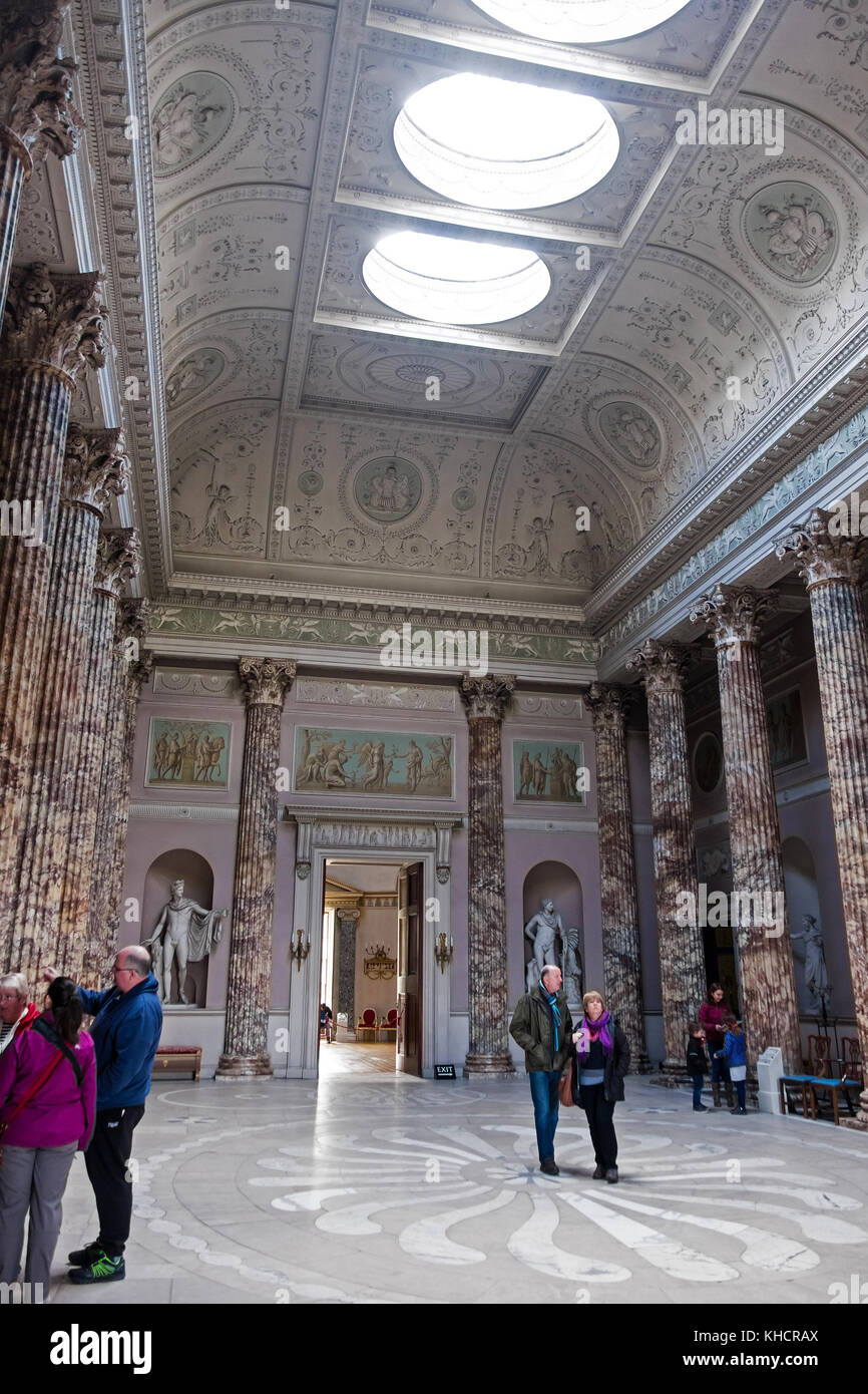 The columned ornate Marble Hall inside Kedleston Hall, Kedleston ...