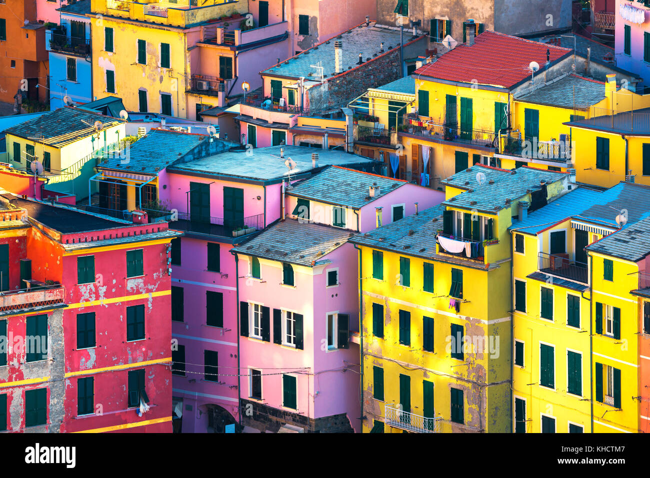 Vernazza village, buildings aerial view. Seascape in Five lands, Cinque ...
