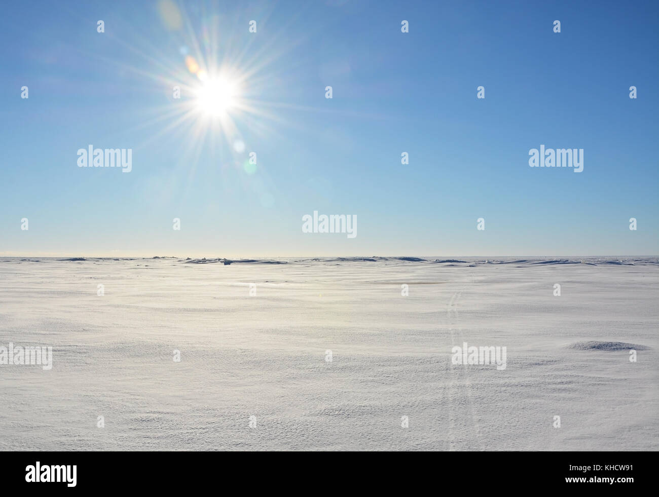 Polar landscape- frozen sea shore with sun and ski tracks Stock Photo ...