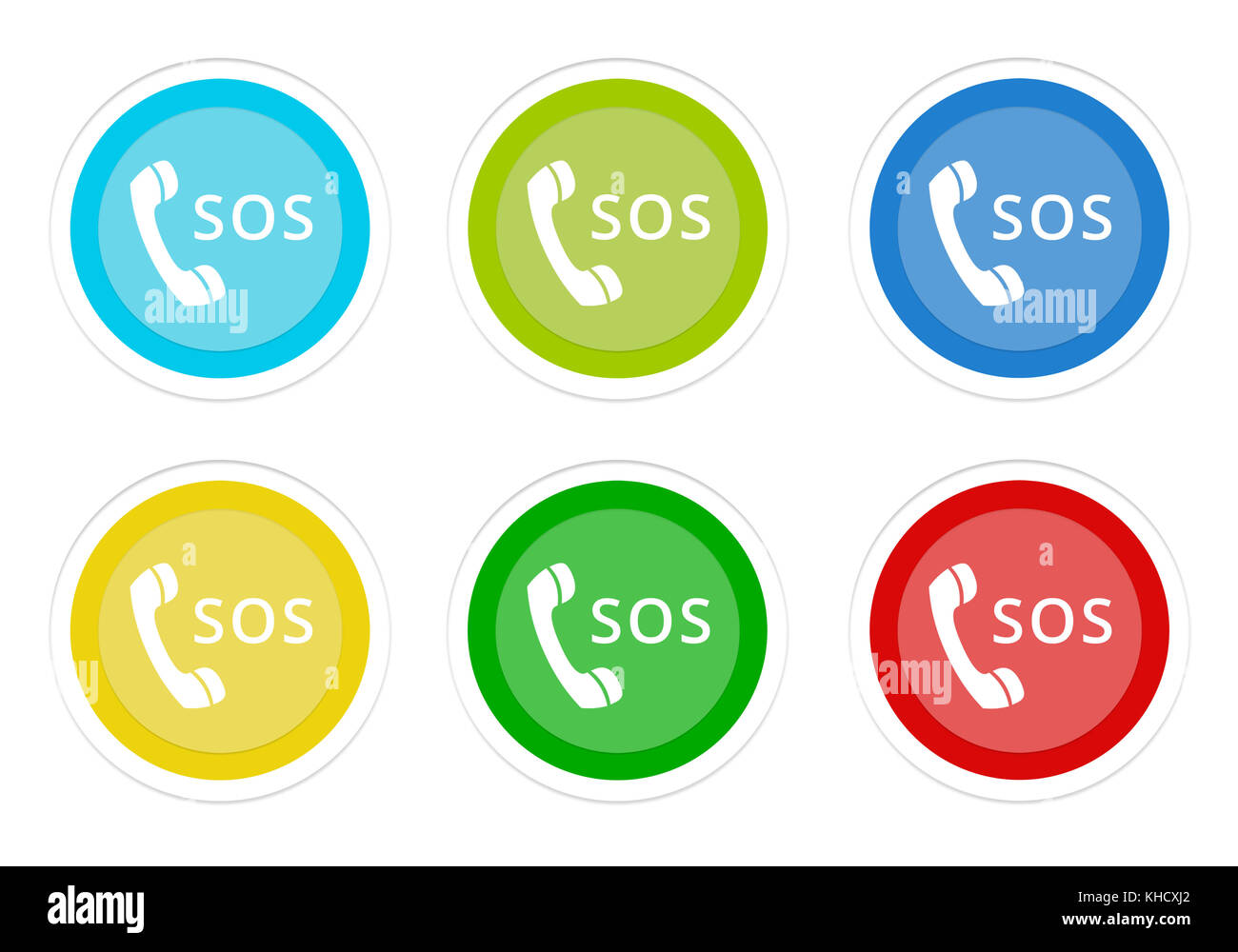 Set of rounded colorful buttons with SOS phone symbol in blue, green ...
