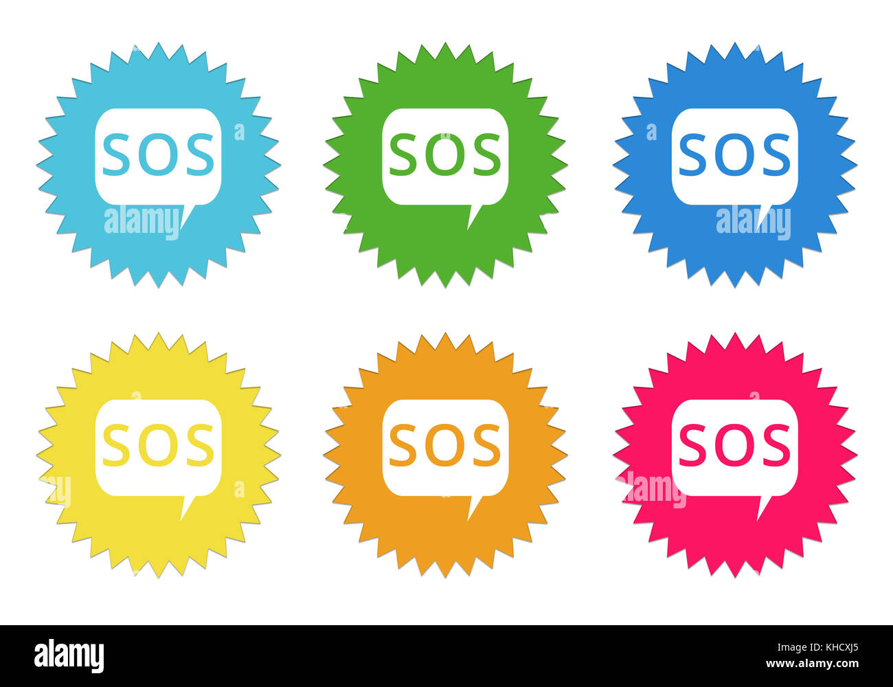 Set of rounded colorful sticker icons with SOS symbol in blue, green ...