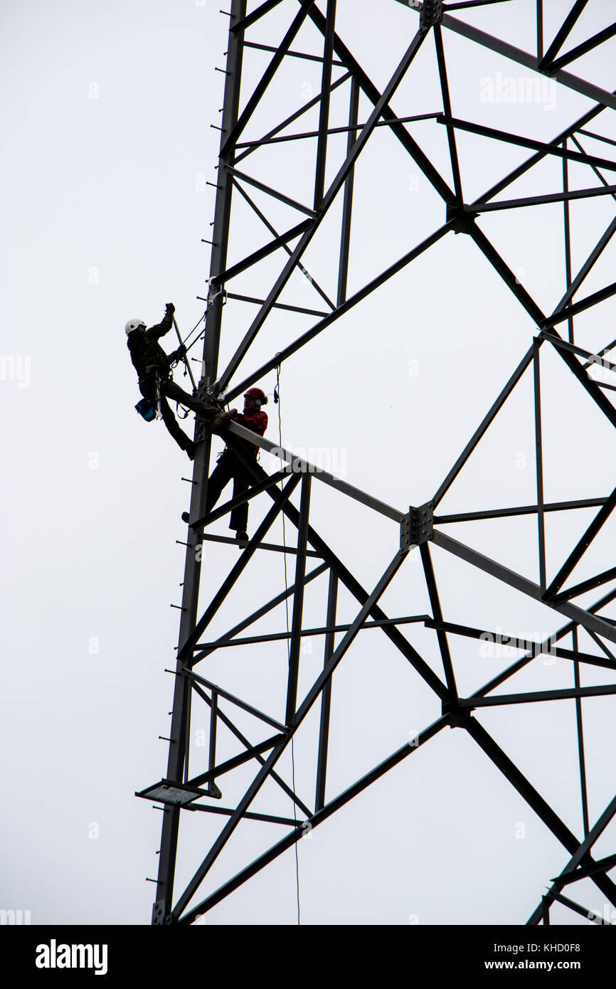 workers on the energy pole. A grid of newly installed energy pole with ...