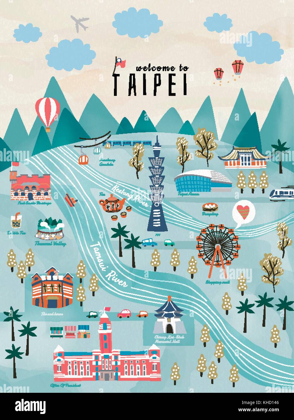 Lovely Taiwan travel concept, hand drawn style illustration with famous ...