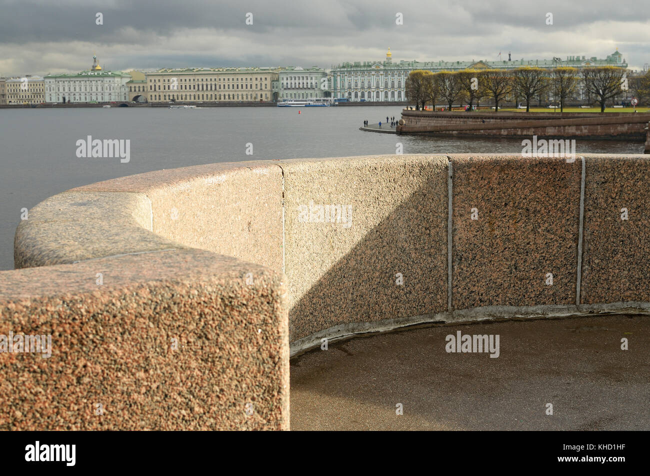 The granite embankment with open city views of St. Petersburg Stock ...