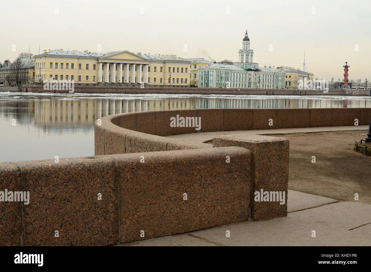 The granite embankment with open city views of St. Petersburg Stock ...
