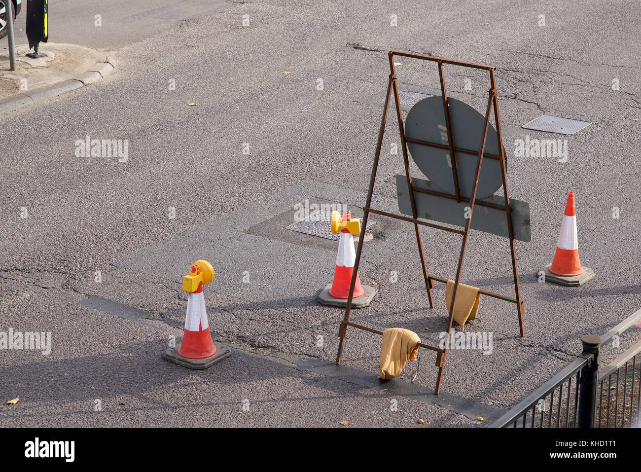 Temporary sign on a street/road for roadworks Stock Photo - Alamy