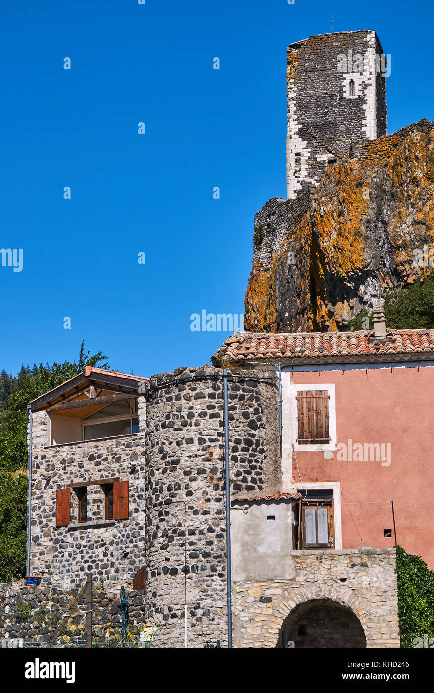 The ruins of the castle in the medieval town of Mirabel in France Stock ...