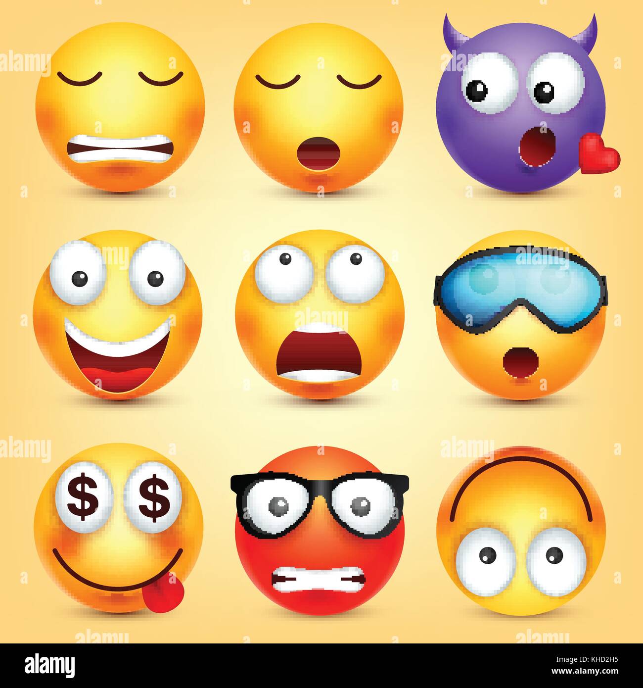 Smiley,emoticons set. Yellow face with emotions. Facial expression. 3d realistic emoji. Funny ...