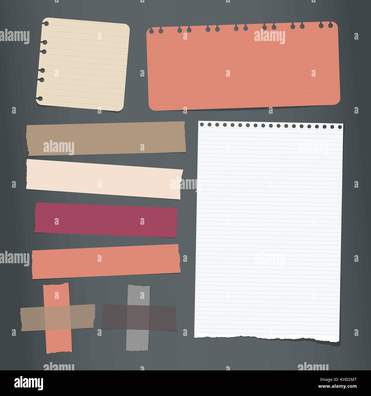 Colorful, white ripped lined notebook, note paper, sticky adhesive tape ...