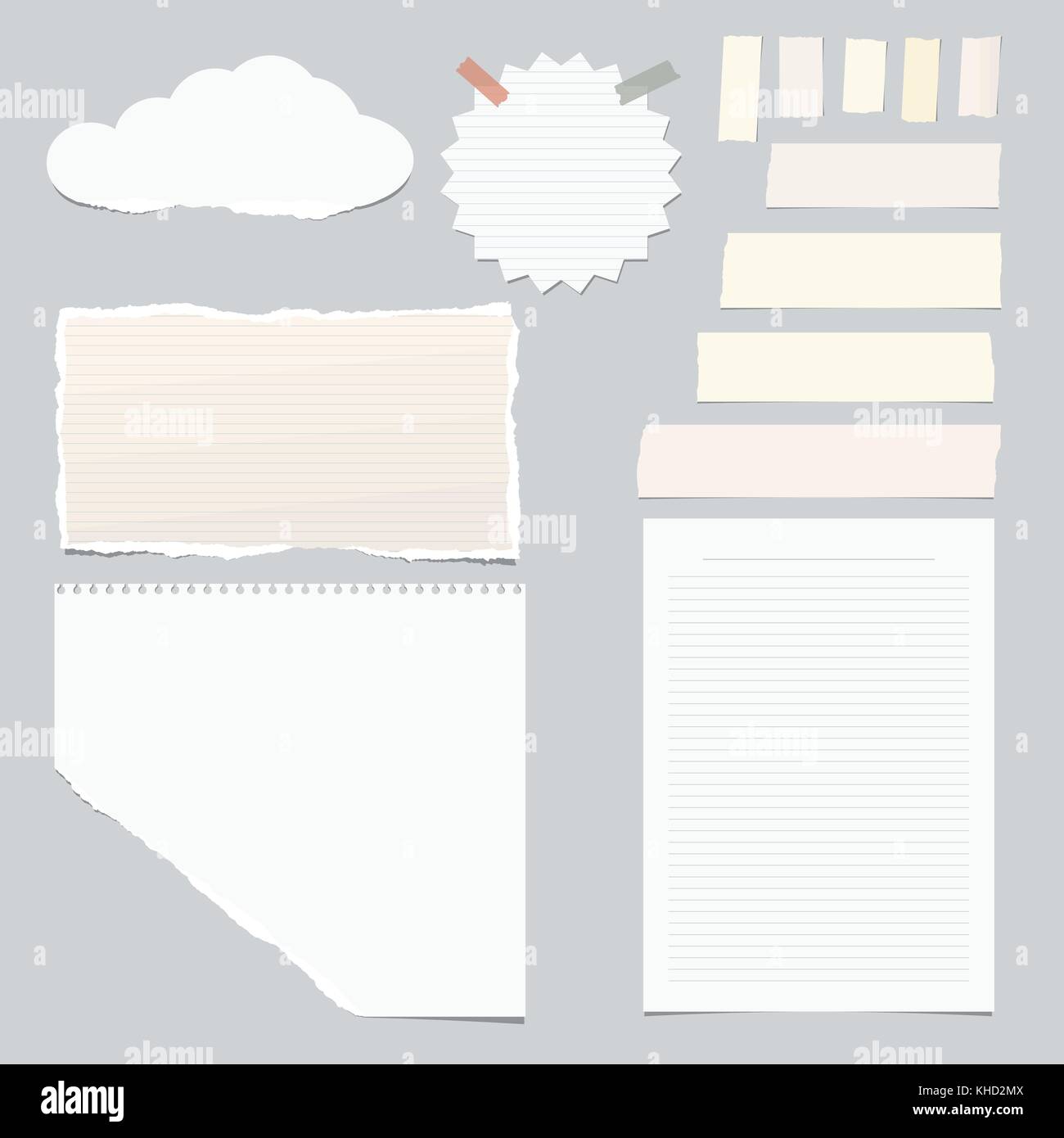 Ripped vector notebook, note paper, cloud shape, sticky, adhesive tape ...