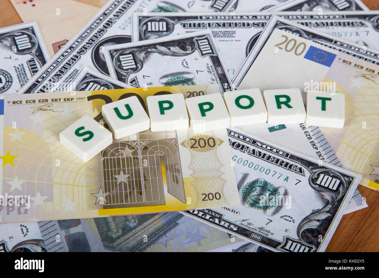 Support word with green letters among cash dollar, euro and turkish ...