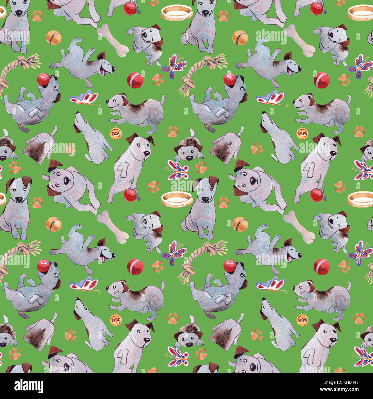 Puppy dog playing with ball hand drawing watercolor seamless pattern ...
