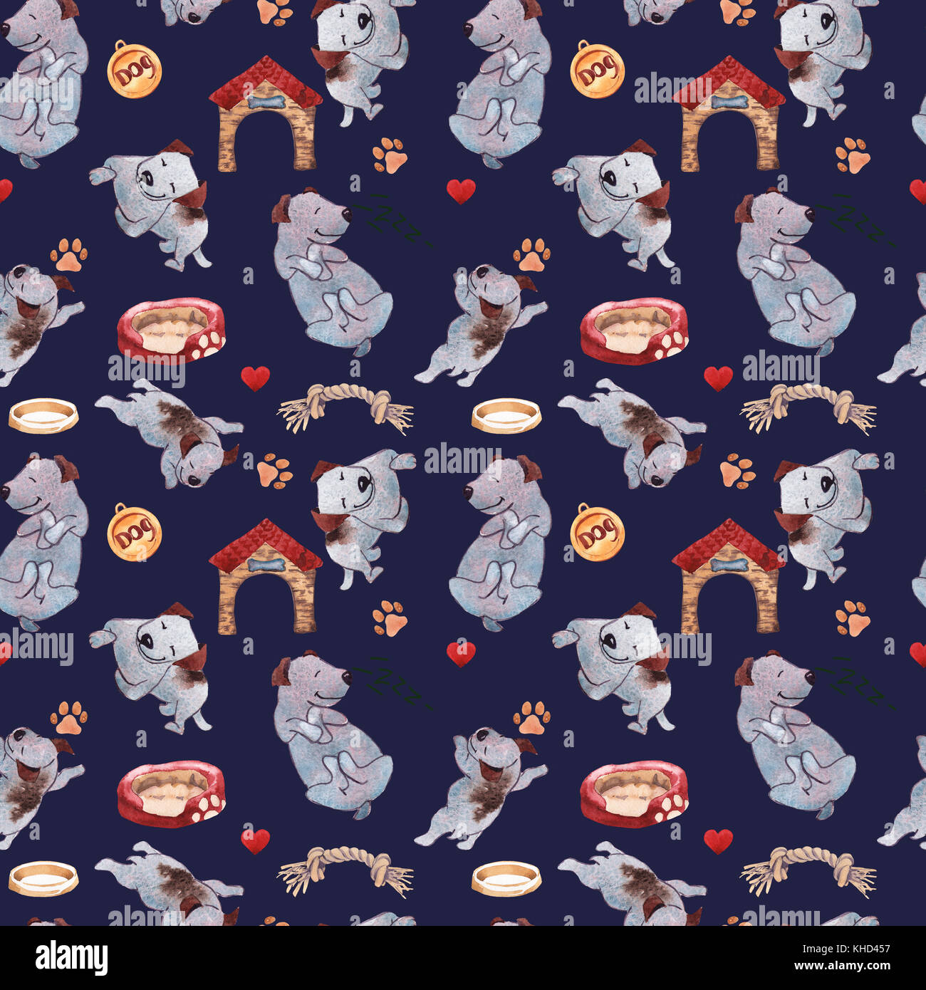 Puppy dog playing with ball hand drawing watercolor seamless pattern ...