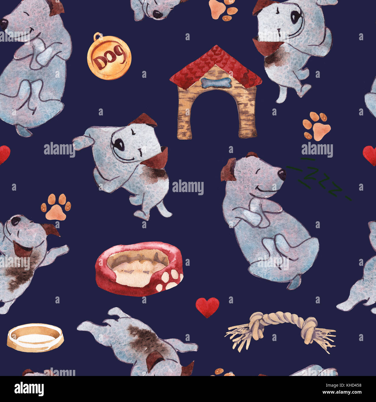 Puppy dog playing with ball hand drawing watercolor seamless pattern ...