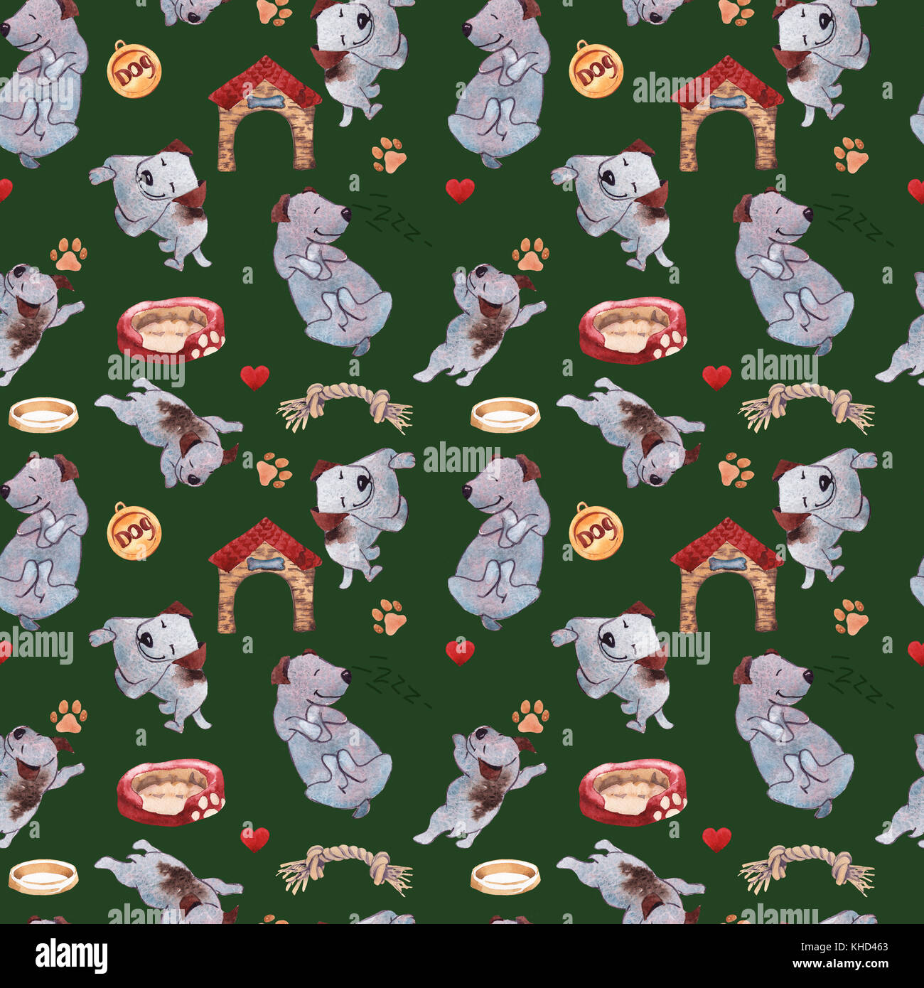 Puppy dog playing with ball hand drawing watercolor seamless pattern ...