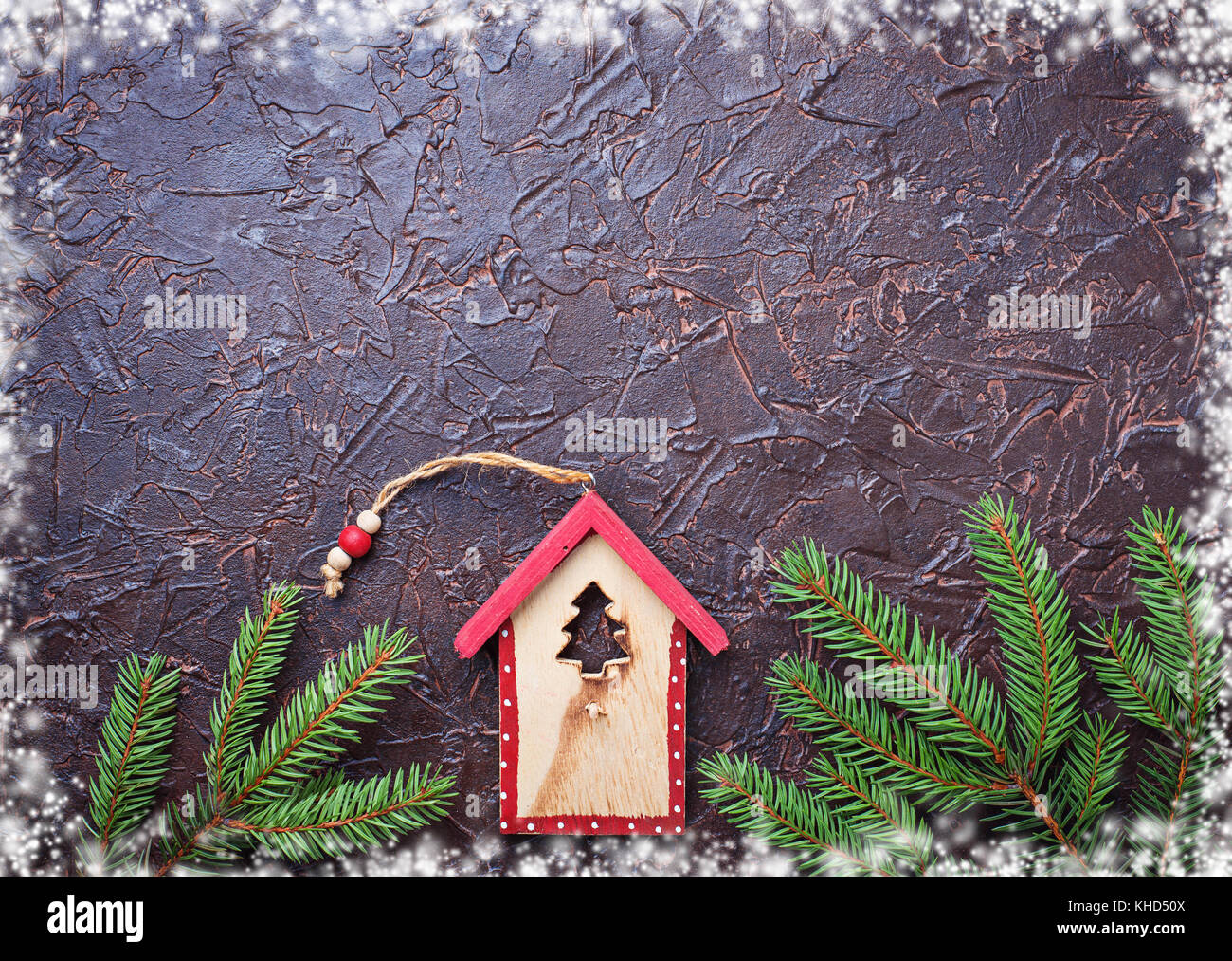 Christmas background with wooden birdhouse Stock Photo - Alamy