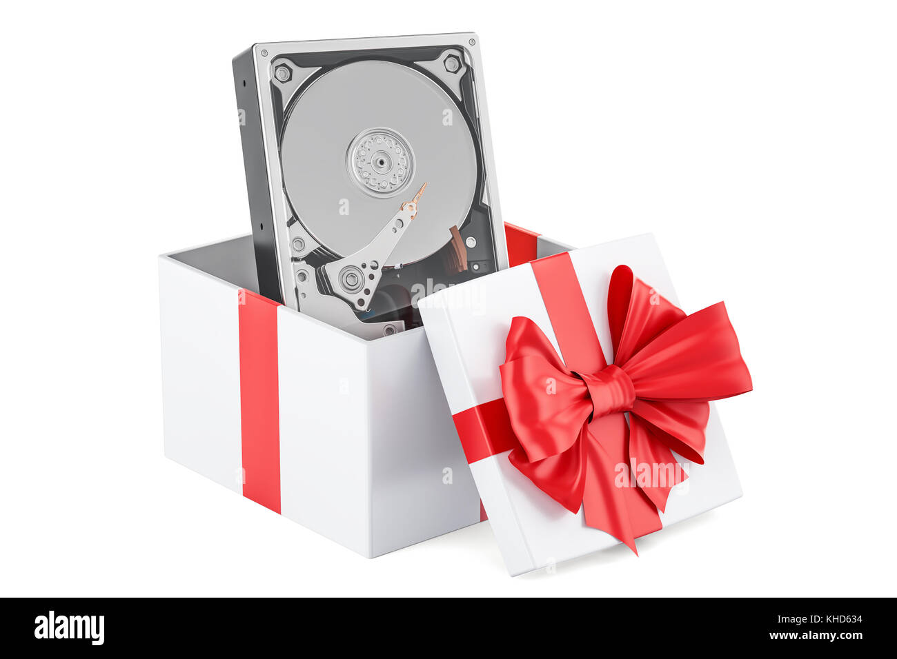 Hard Disk Drive (HDD) inside gift box, gift concept. 3D rendering ...