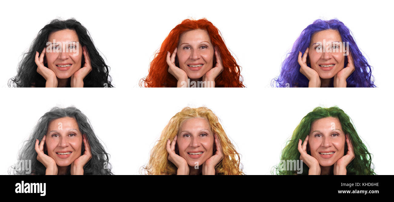six different colors of the hair of a mature caucasian woman smiling ...
