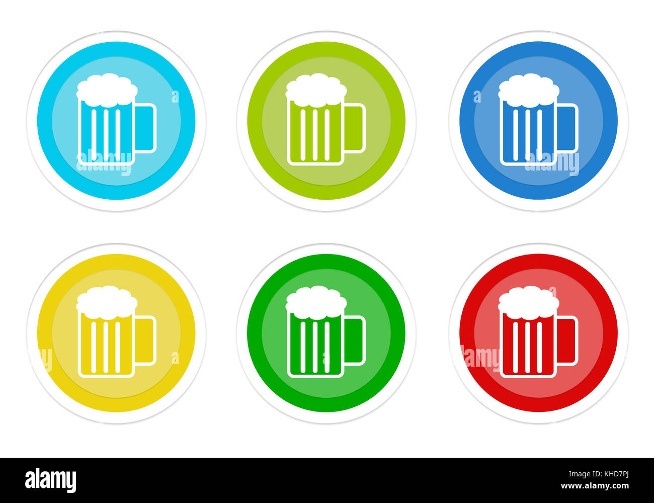 Set of rounded colorful buttons with beer symbol in blue, green, yellow ...