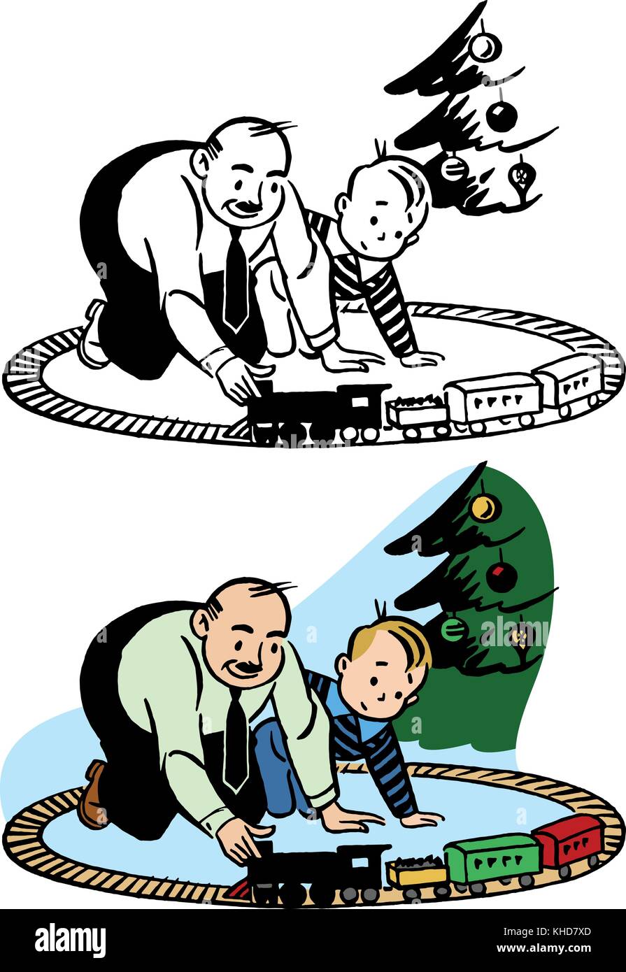 A father and son play with a Christmas train set under a decorated tree ...