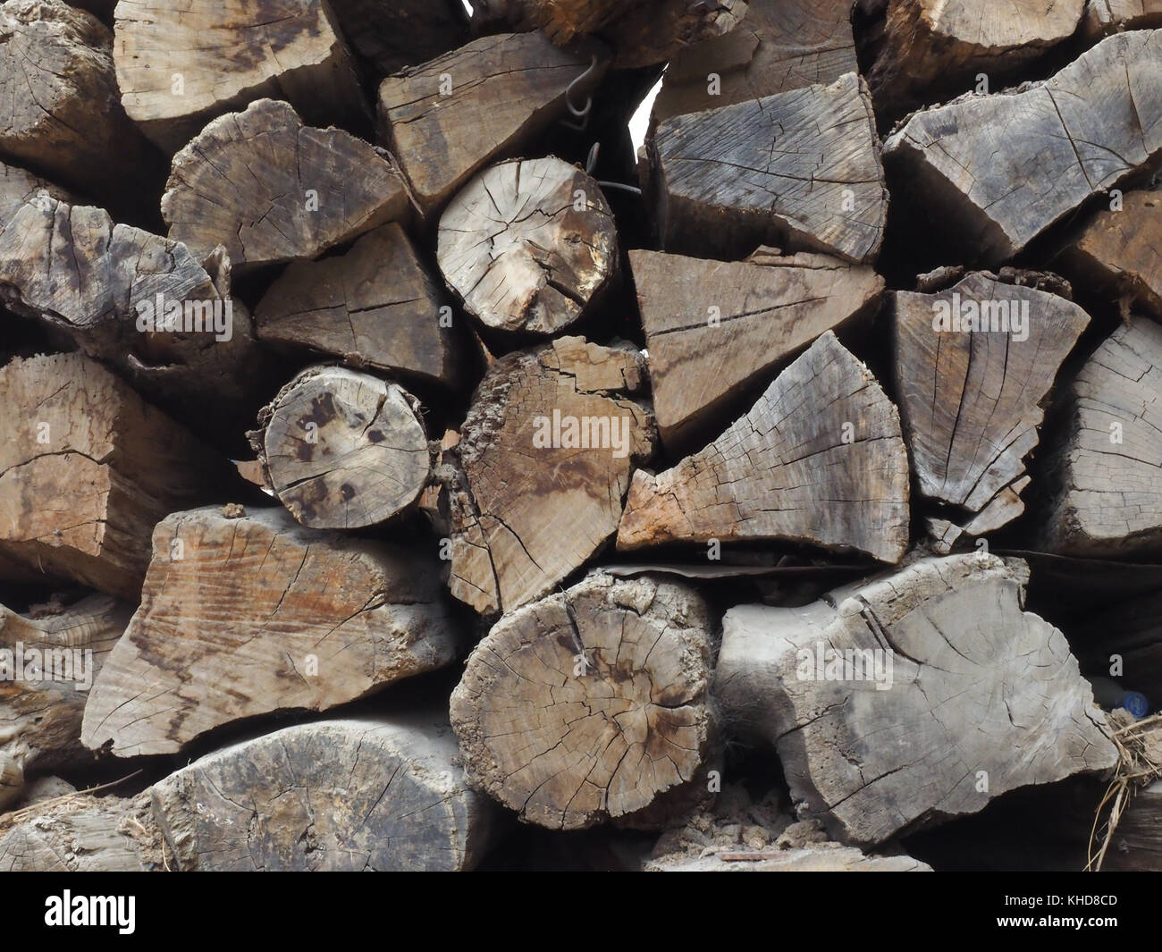 Firewood, folded in woodpile, brown trunks of dry, angular trees Stock ...