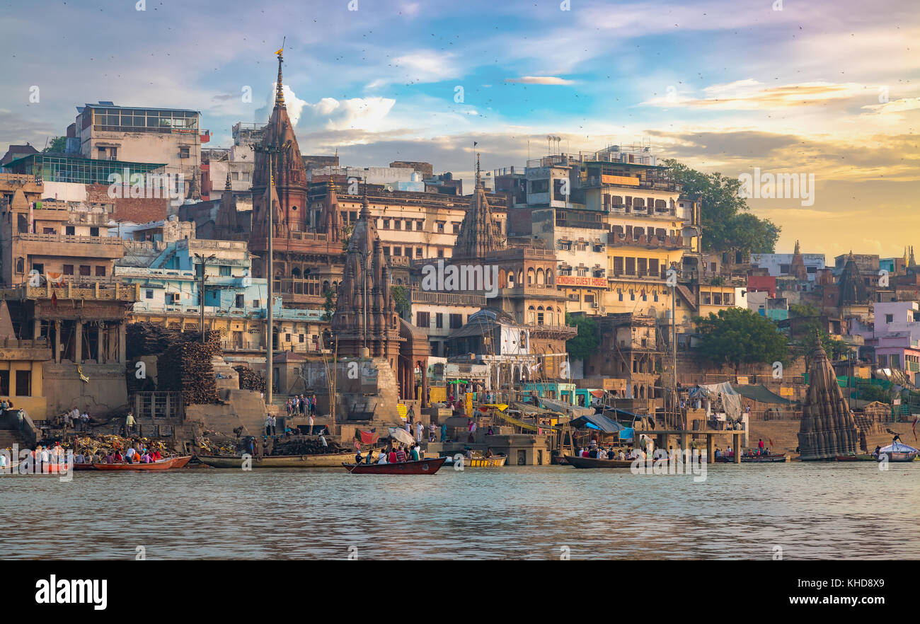 Varanasi city architecture with ancient buildings and temples atsunset ...
