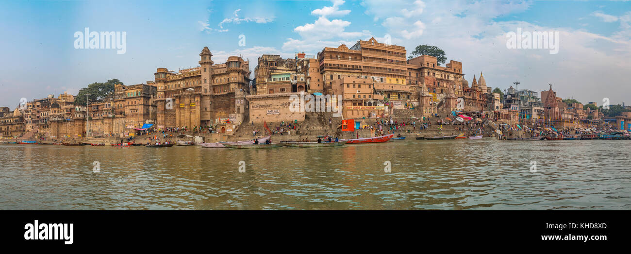 Panoramic view of Varanasi city architecture and Ganges river ghats as ...