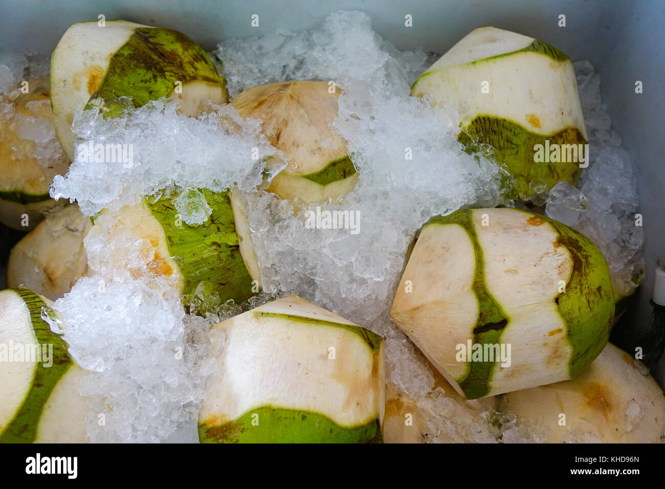 Fresh coconut fruits with ice for sale at Central Market in Bangkok ...