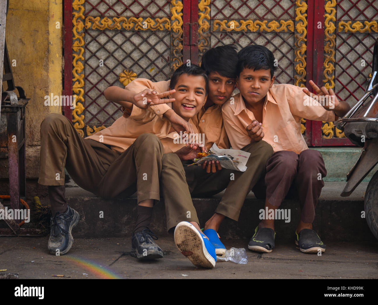 Jodhpur, India - Nov 6, 2017. Indian boys sitting on street in Jodhpur ...