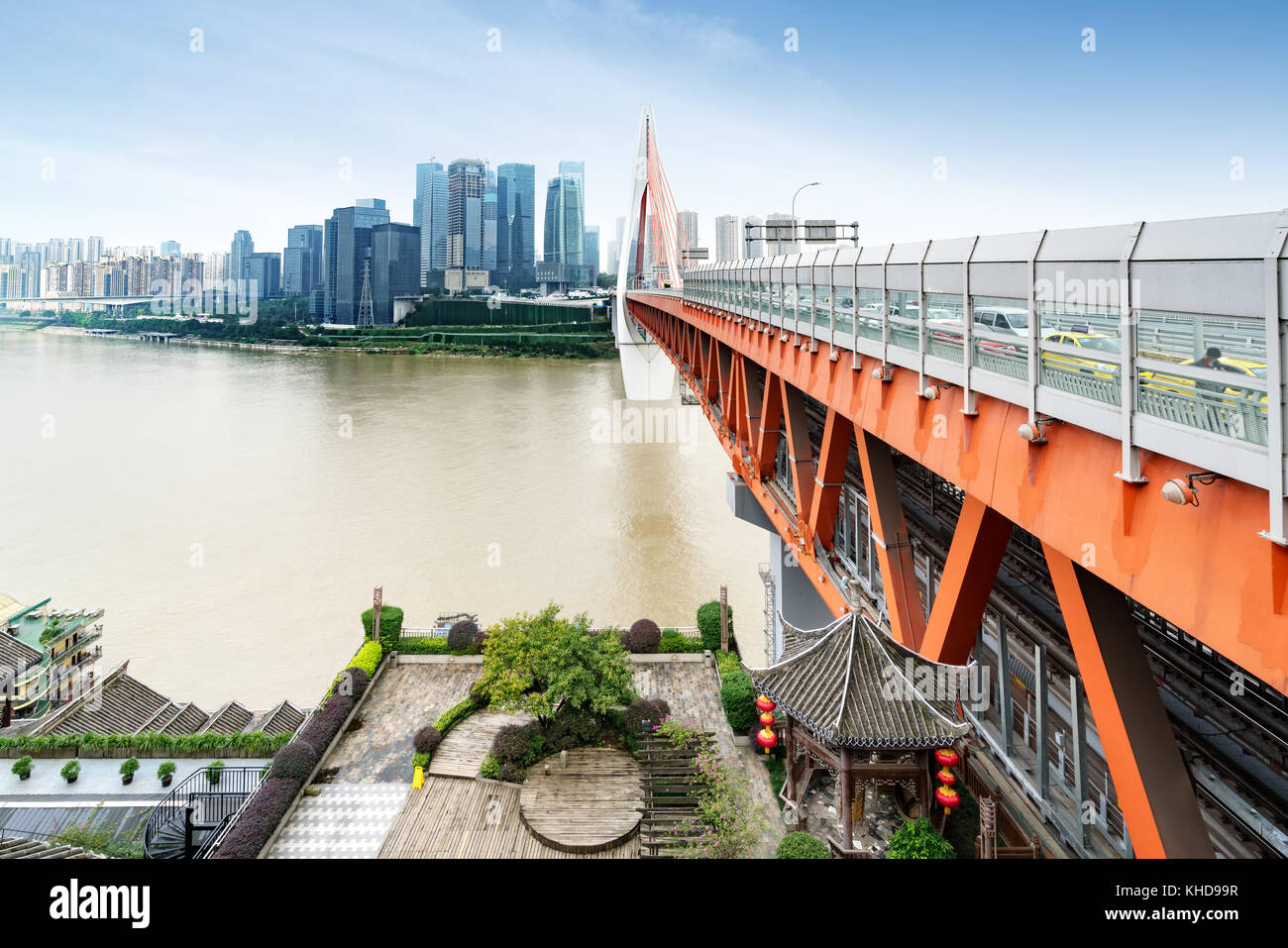 Bridge leads to modern buildings, Chongqing, China Stock Photo - Alamy