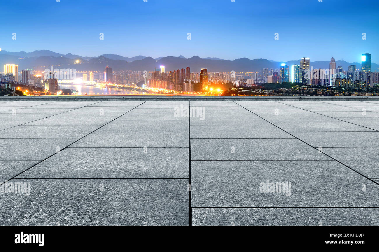 Empty marble floor and city skyline, China Chongqing night view Stock ...