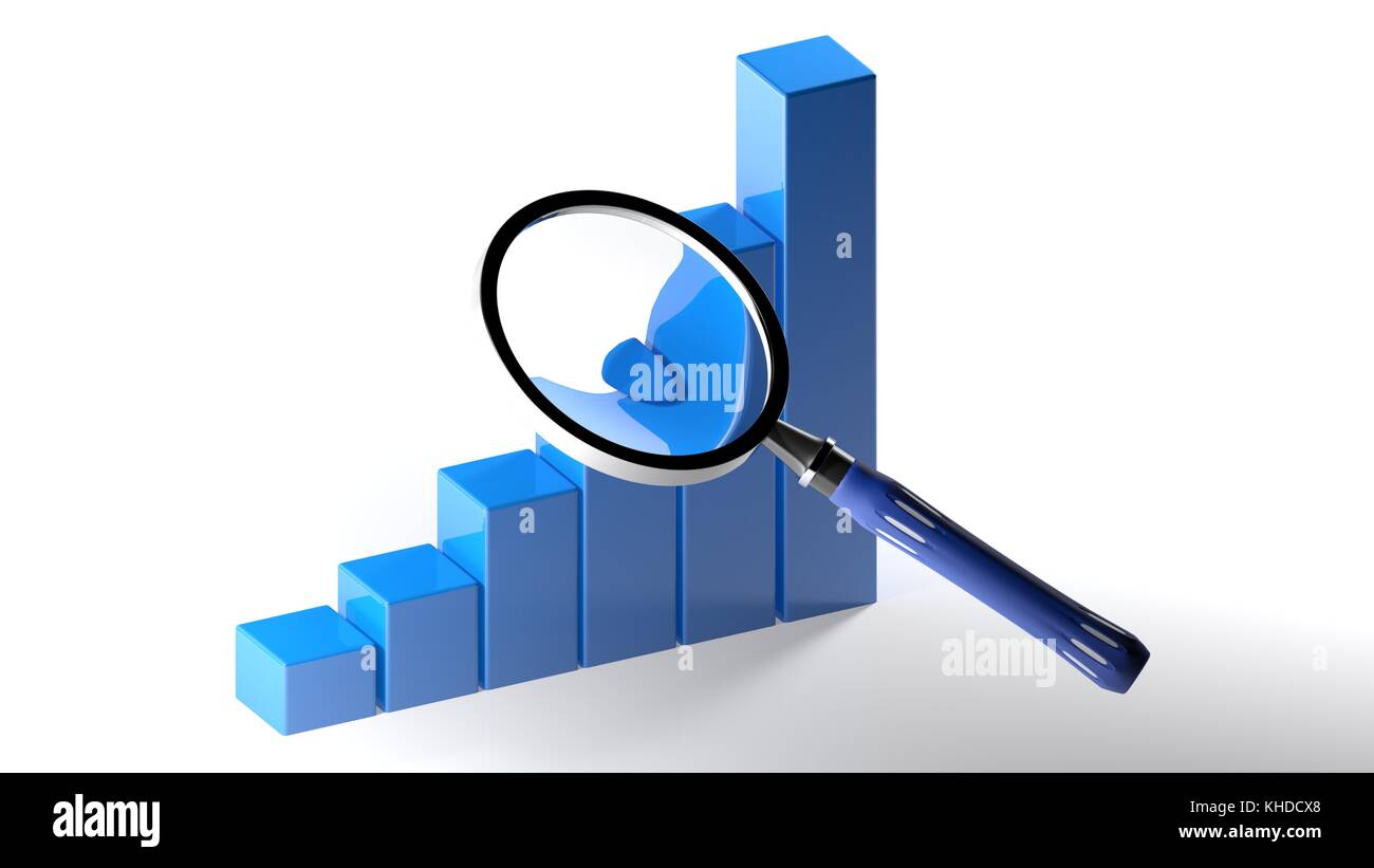 Magnifier on up-trend bar graph - 3D rendering Stock Photo - Alamy
