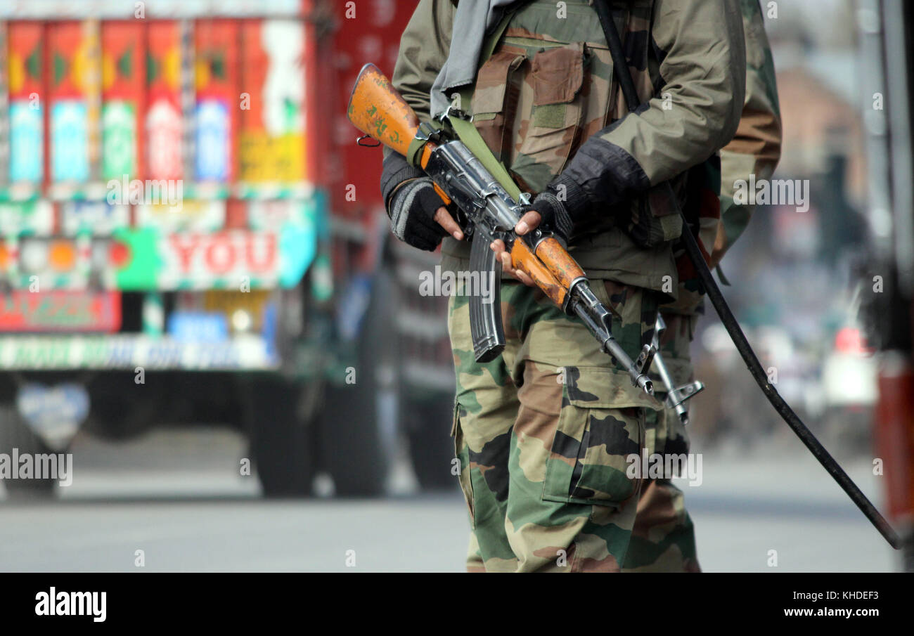 Kulgam, India. 14th Nov, 2017. A security personal standing guard ...