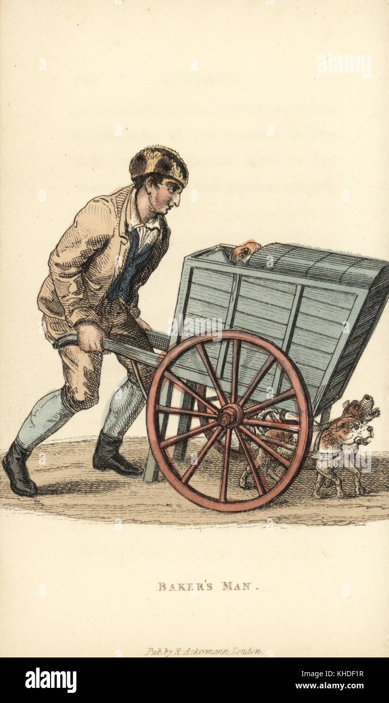 Baker's man pushing a barrow of bread with two dogs in harness at the ...