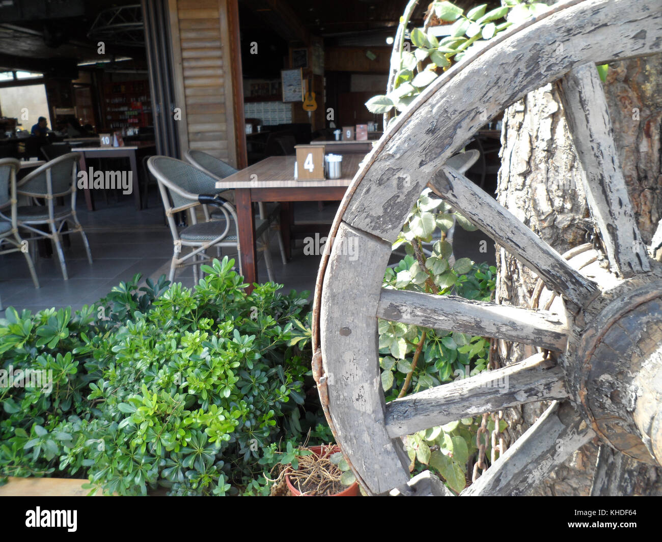 Part of a wooden wagon wheel chained to a tree as a garden feature at a ...