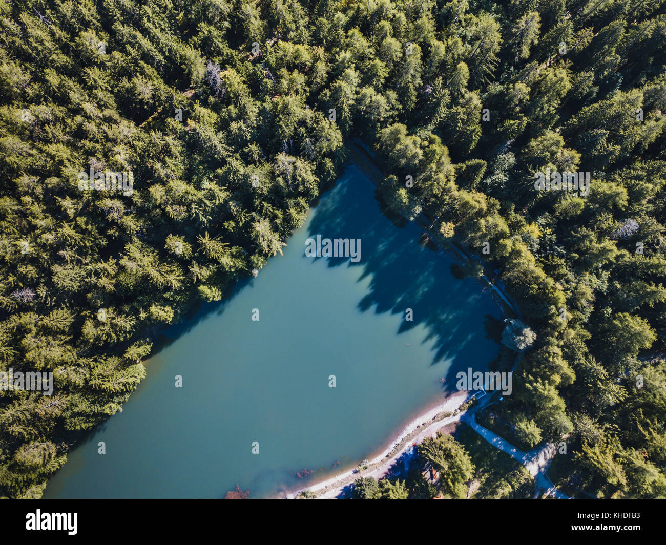 aerial landscape of beautiful mountain lake in the forest, top view ...