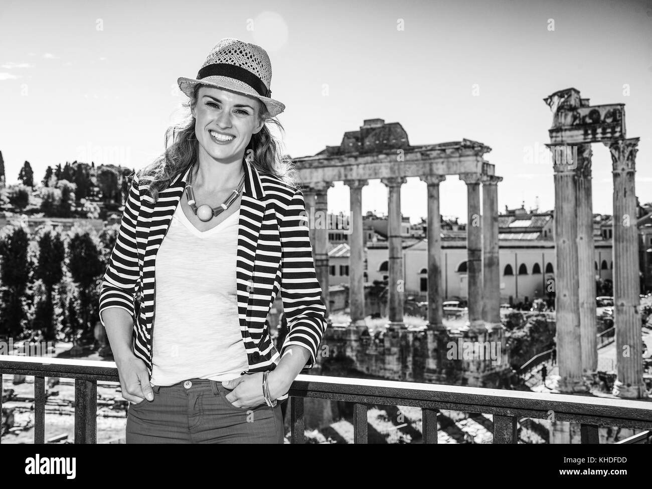 Happy woman tourist in front Black and White Stock Photos & Images - Alamy