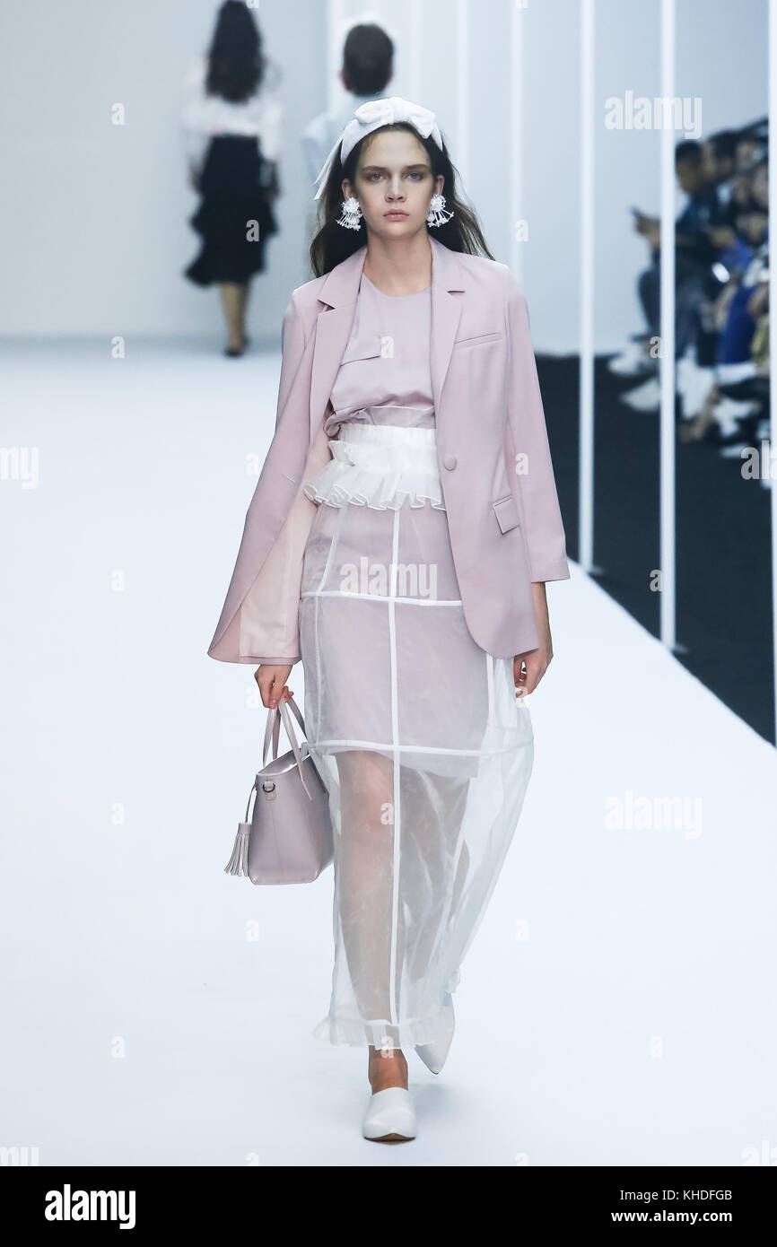 A model on the catwalk at the Y-Vision show during Shanghai Fashion ...