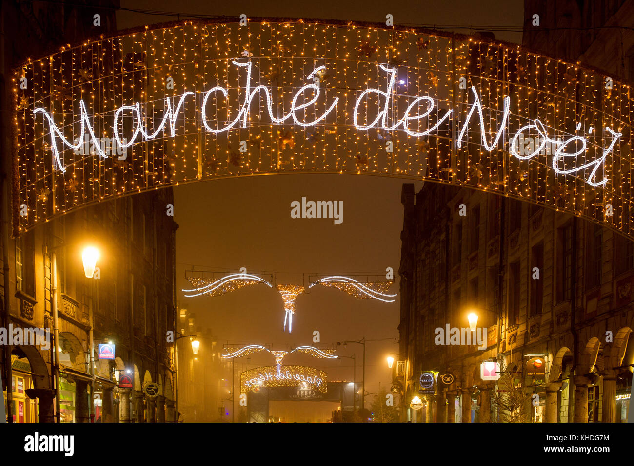 Illuminated sign advertising an outdoor Christmas market in Arras ...