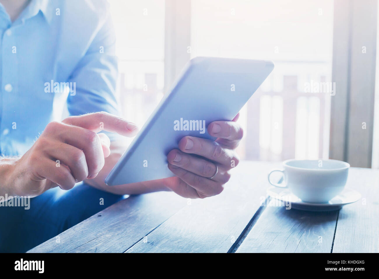 people using technologies, close up of male hands with digital tablet ...