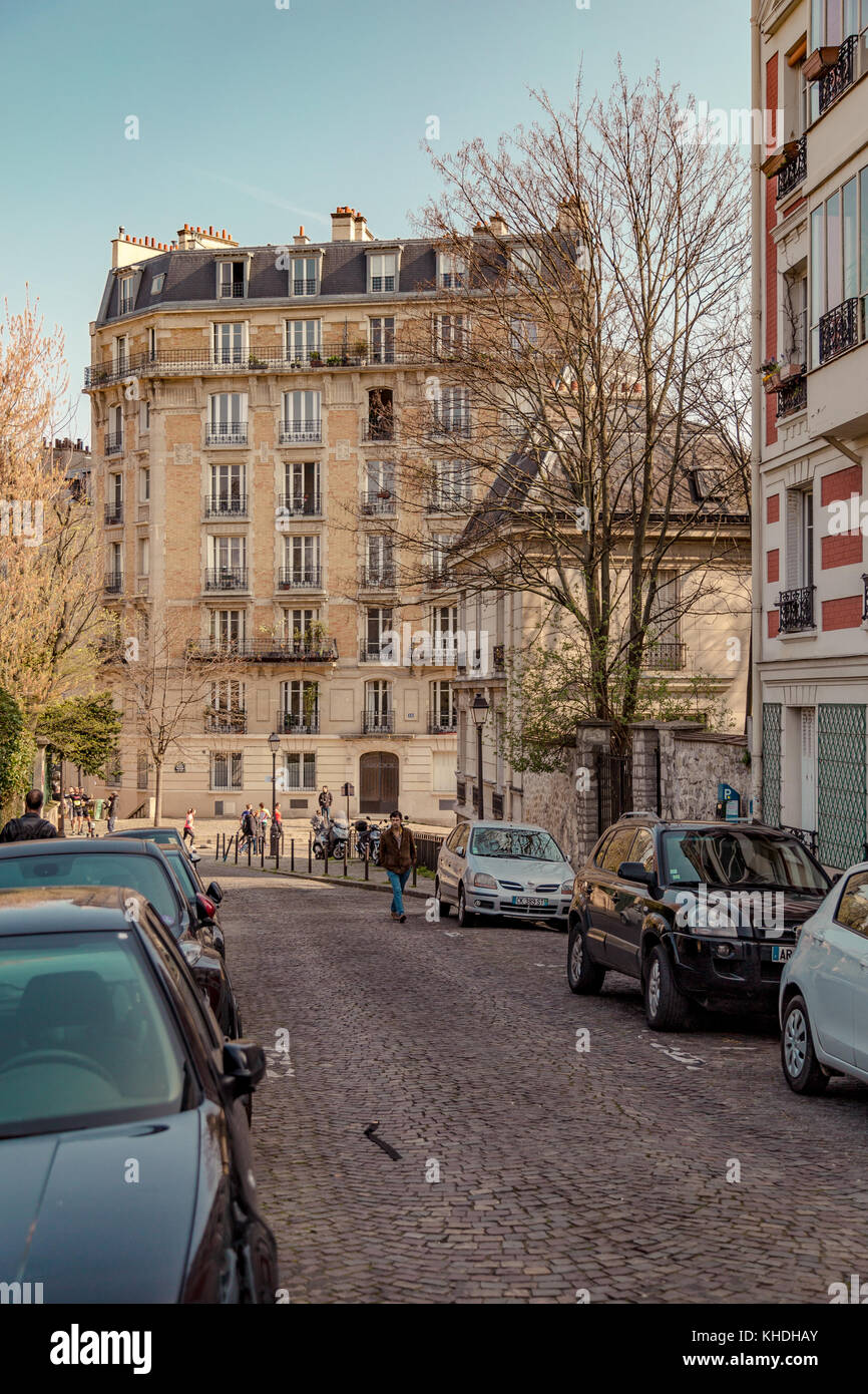 Paris, France, March 26 2017: Typical view of the Parisian street ...