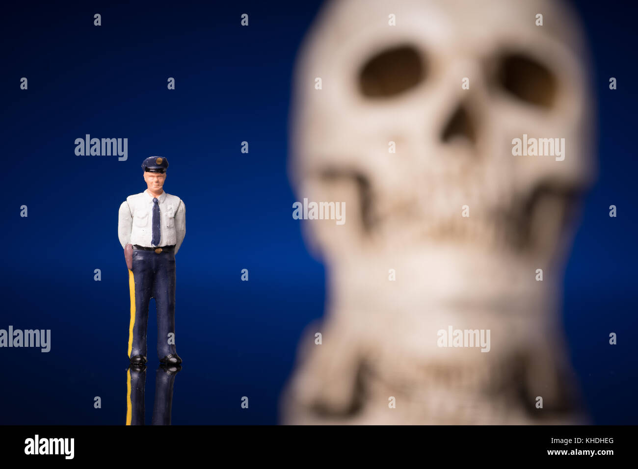 Police and blurry skull isolated om blue black background Stock Photo ...