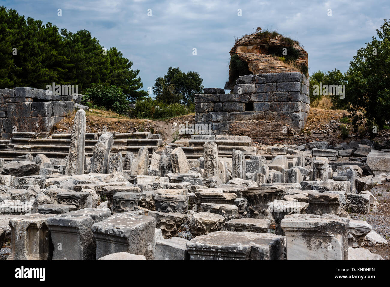 General view of marble Ruins in Ephesus historical ancient city, in ...