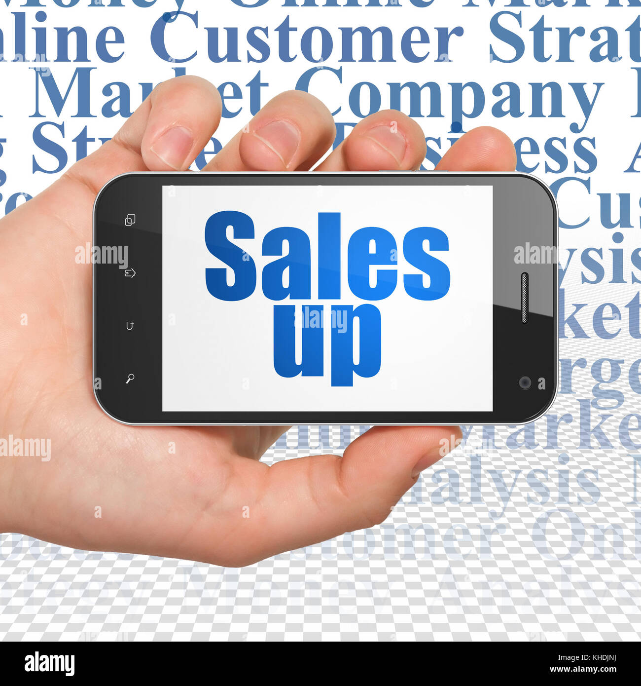 Advertising concept: Hand Holding Smartphone with Sales Up on display ...