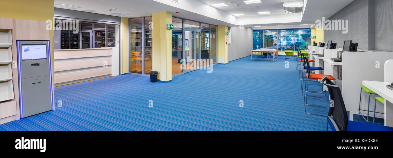 Panorama of modern computer room in university library with special ...