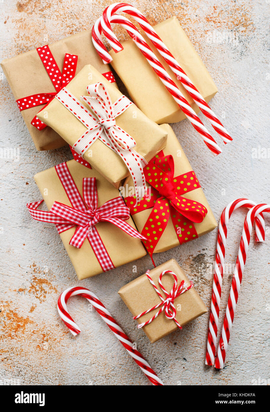 box for present and candy cane on a table Stock Photo - Alamy